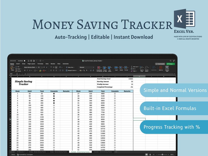 Money Saving Tracker | Excel Spreadsheet | Auto Calculated | Progress ...