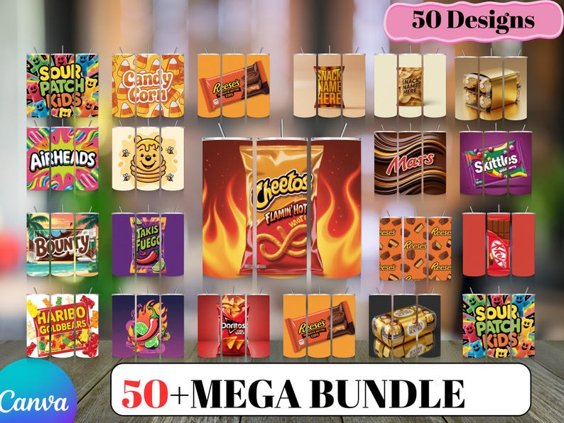 50 Candy Snacks Tumbler Wrap Bundle PNG, 20oz Skinny Sublimation Wrap ...