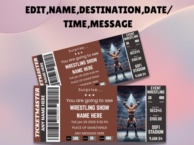 Editable Wrestling Event Ticket, Boxing Match Ticket Stub, Surprise ...