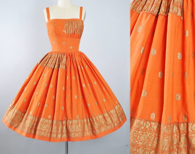 Vintage 1950s Marjae Miami Dress / 50s Cotton Sundress Orange Gold ...