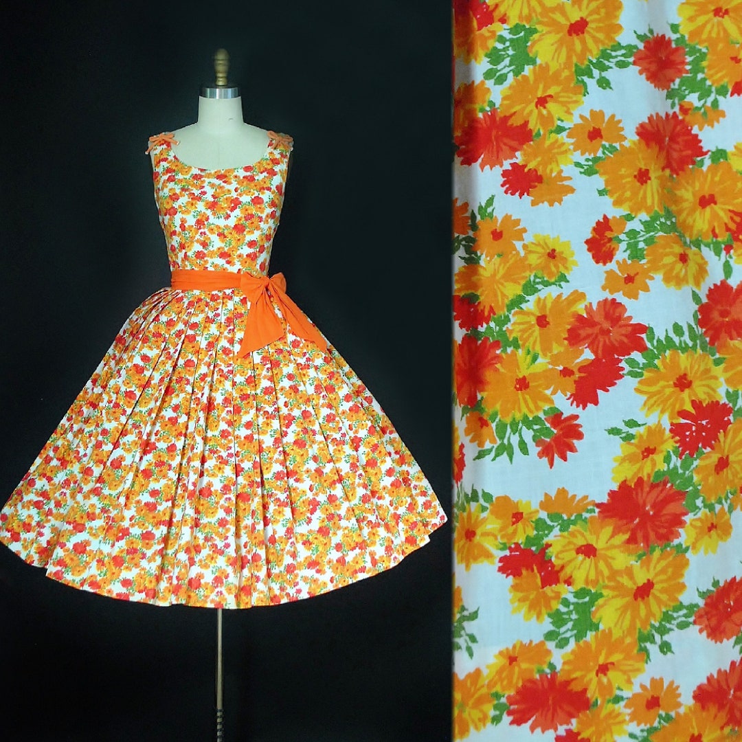 Vintage 1950s Orange Daisy Floral Print Autumn Fall Dress / 50s Yellow ...