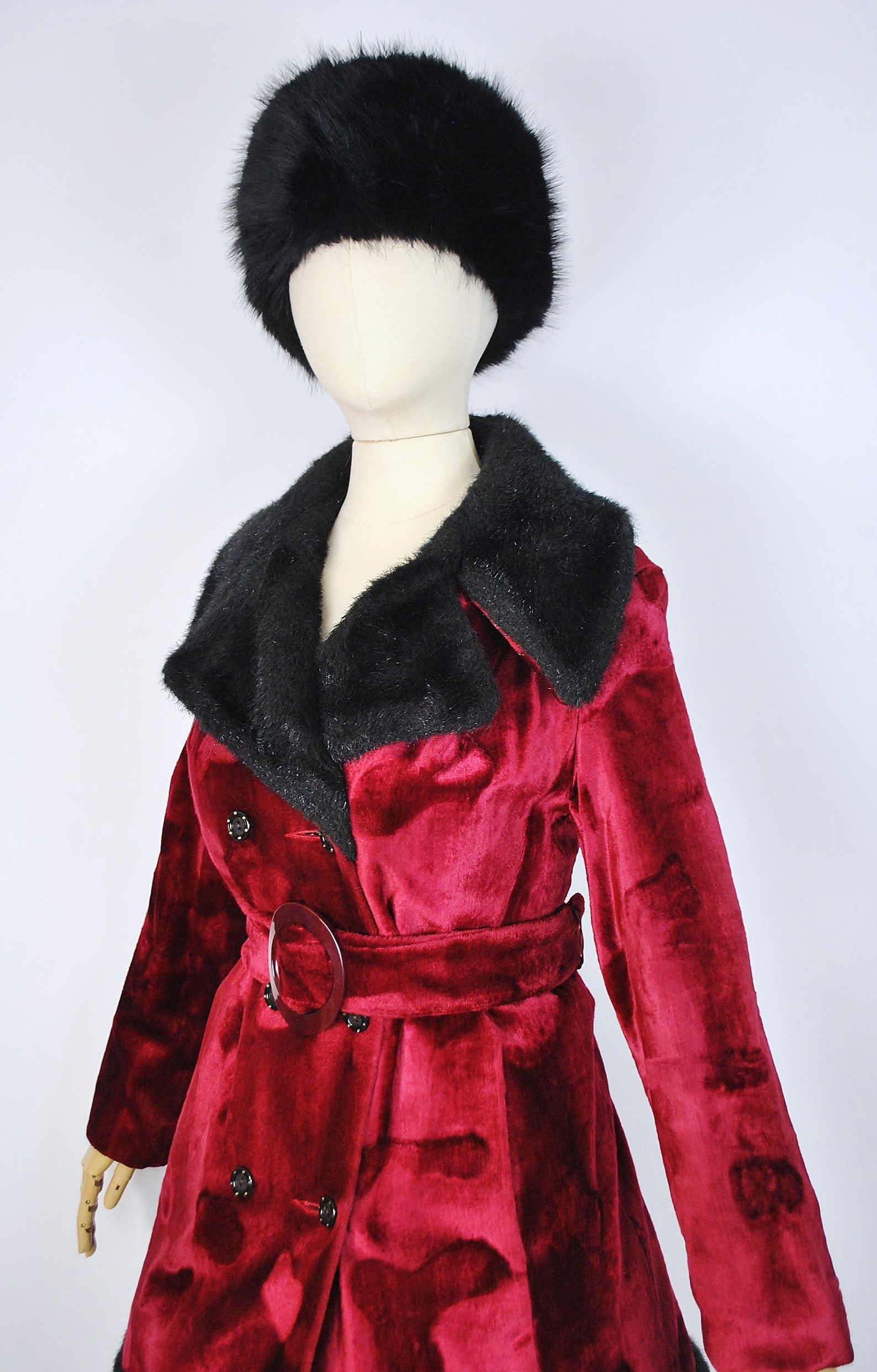 Vintage 1970s Burgundy Red Wine Cotton Crush Velvet Belted Coat / 70s Holiday Winter Jacket ...