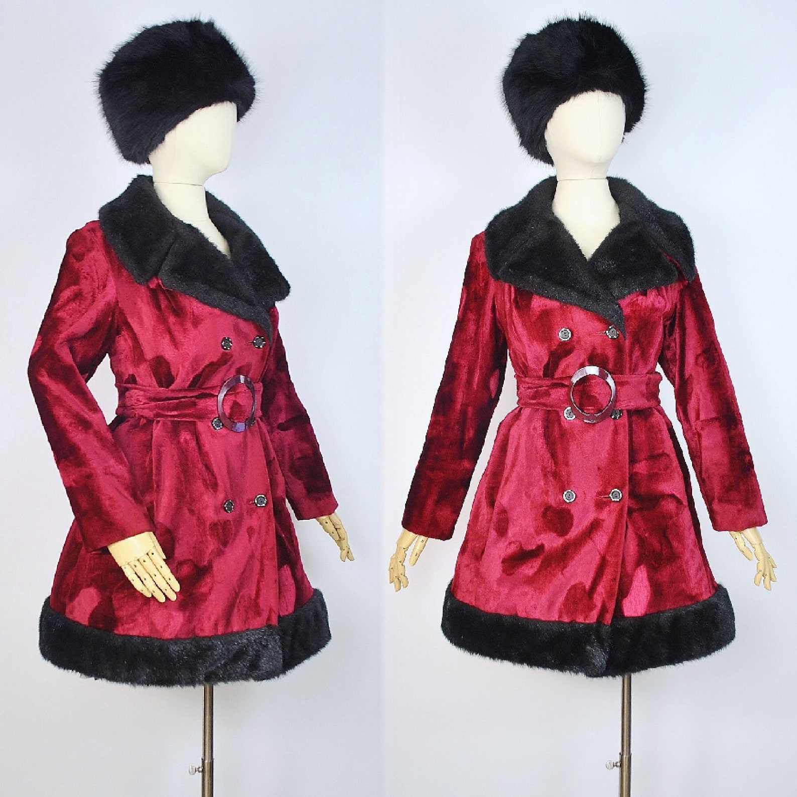Vintage 1970s Burgundy Red Wine Cotton Crush Velvet Belted Coat / 70s Holiday Winter Jacket ...