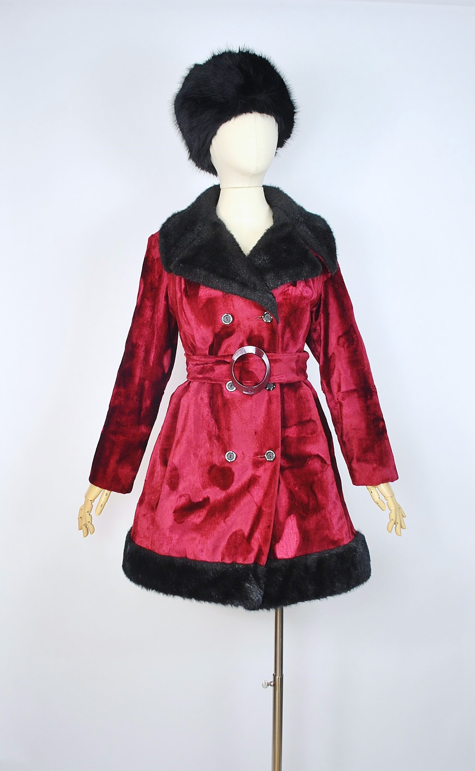 Vintage 1970s Burgundy Red Wine Cotton Crush Velvet Belted Coat / 70s Holiday Winter Jacket ...