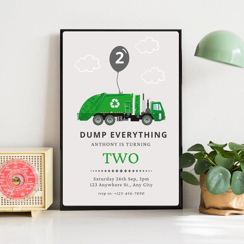 Editable Garbage Truck Birthday Invitation | Kids Trash Truck Party ...