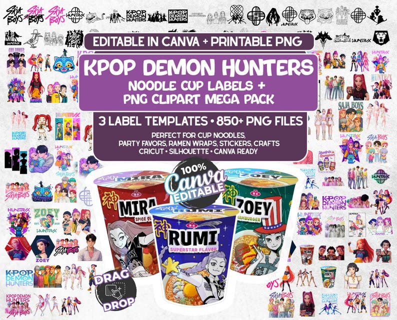 Kpop Demon Hunters Cup Label Templates | Editable in Canva | Ramen Cup ...
