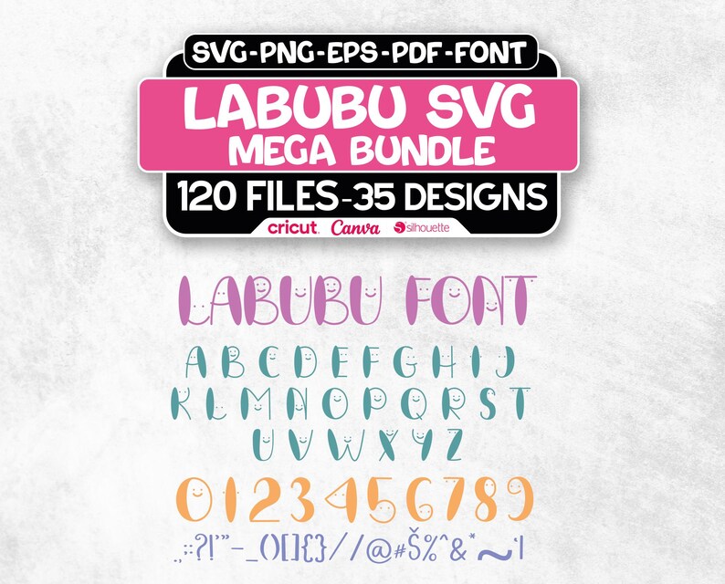 Labubu SVG Bundle | Kawaii Font & Cute Clipart | 300+ Digital Files for ...
