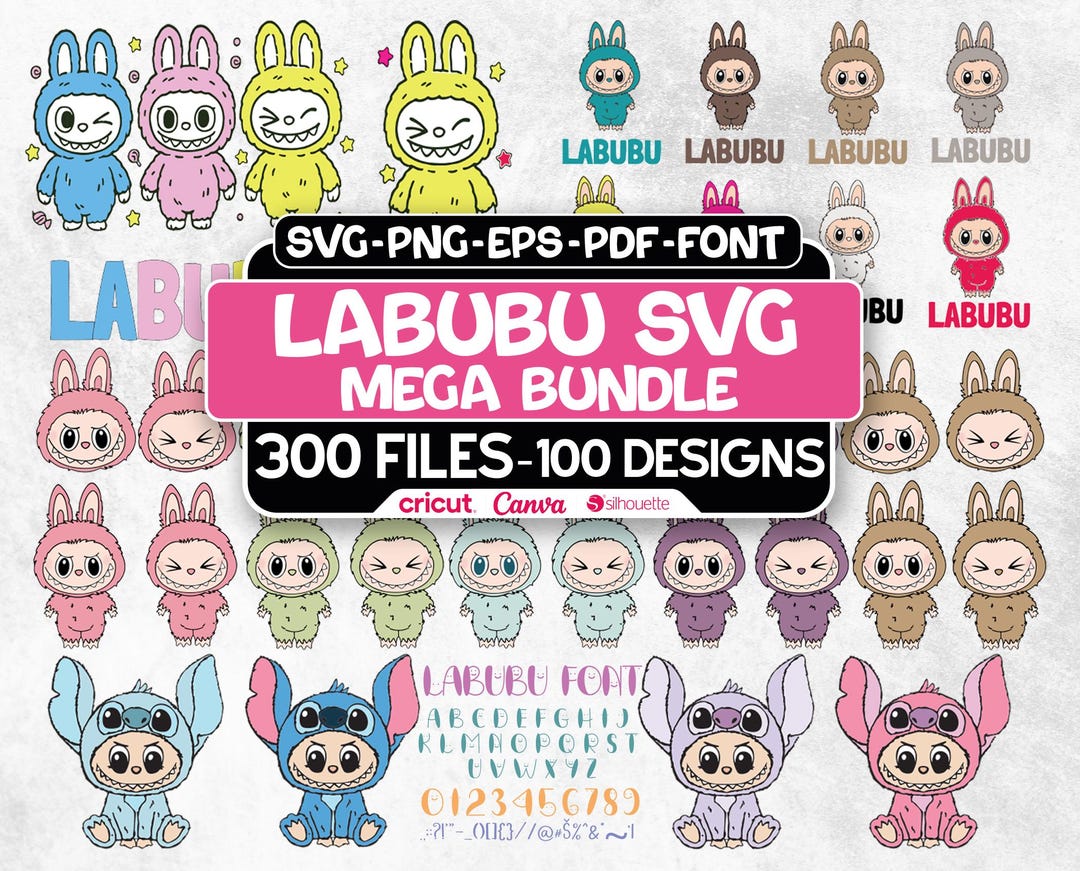 Labubu SVG Bundle | Kawaii Font & Cute Clipart | 300+ Digital Files for ...