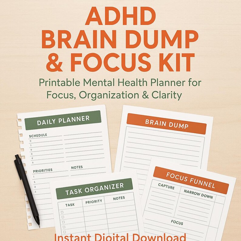ADHD Brain Dump and Focus Kit Printable Mental Health Planner for Focus ...