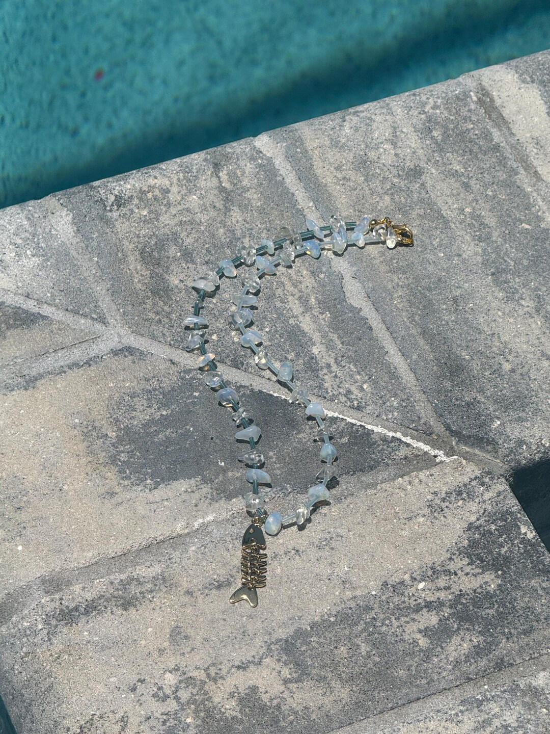 Moonstone & Gold Fish Bone Beaded Pendant Necklace - Etsy
