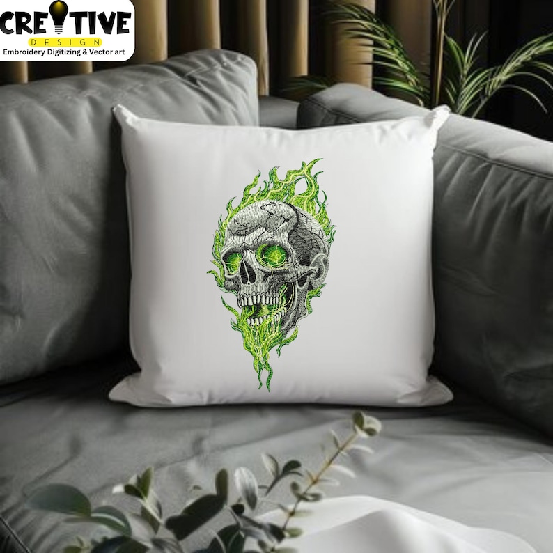 Green Flaming Skull Embroidery Design (digital Files) - Etsy