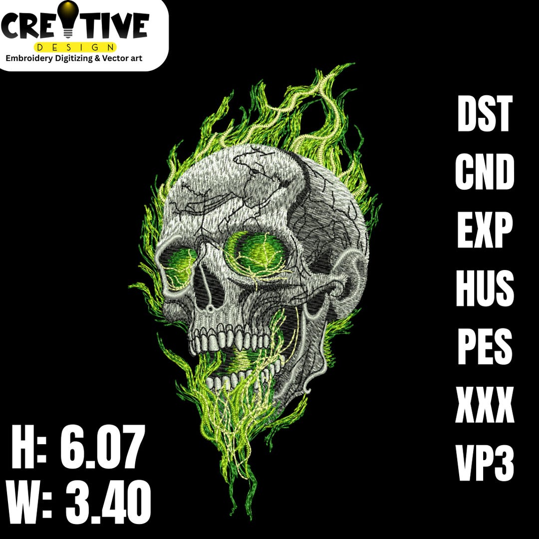 Green Flaming Skull Embroidery Design (digital Files) - Etsy