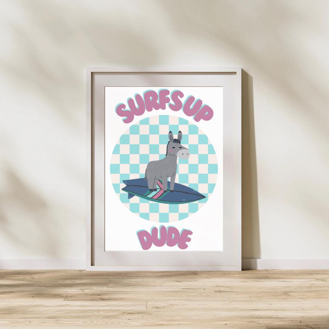 Surfing Donkey Art Print: Funny Beach House Children's Bedroom Decor ...