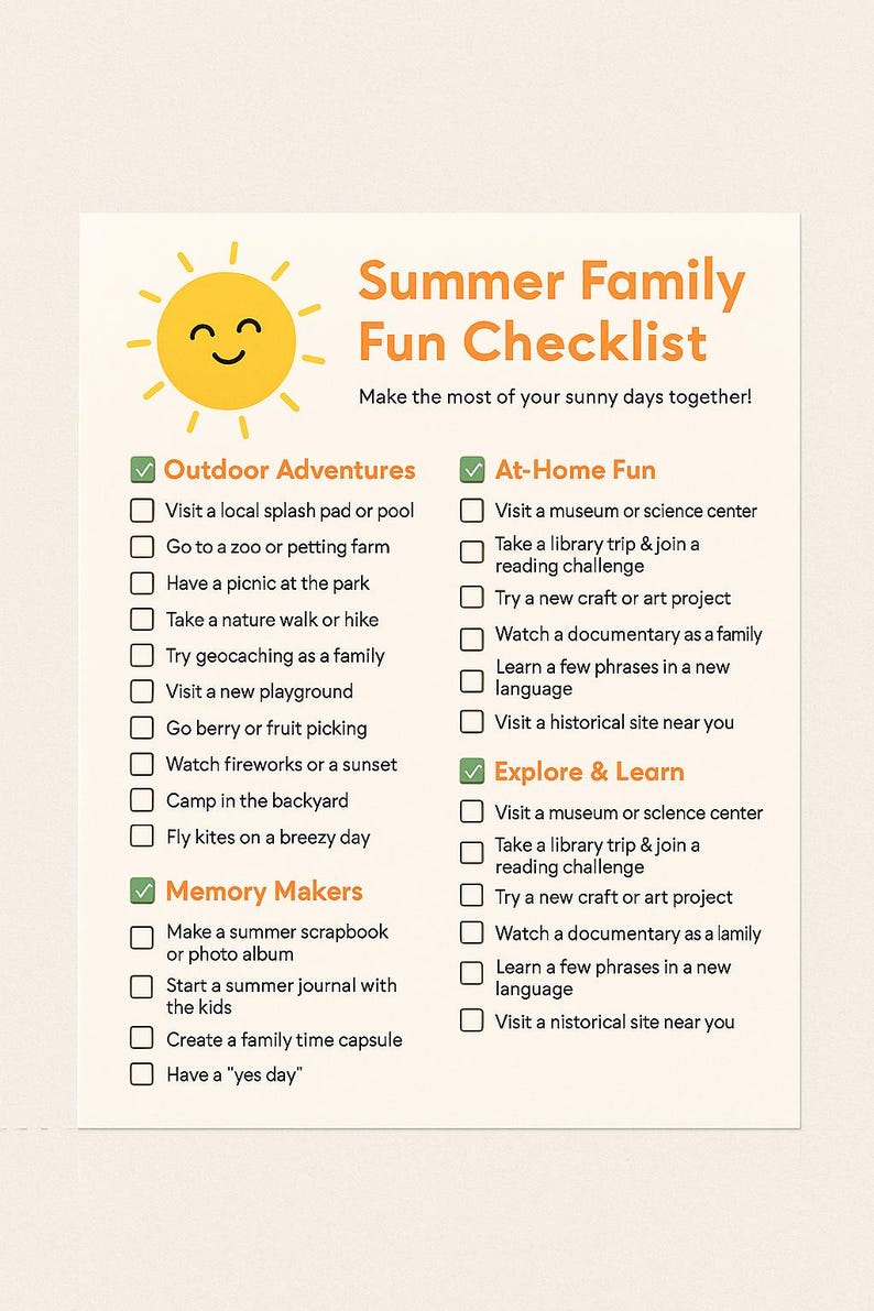 Summer Family Fun Checklist Printable | Kids Activity Planner | Family ...