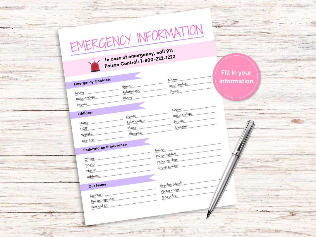 Emergency Information Sheet | Babysitter Information Sheet | Printable ...