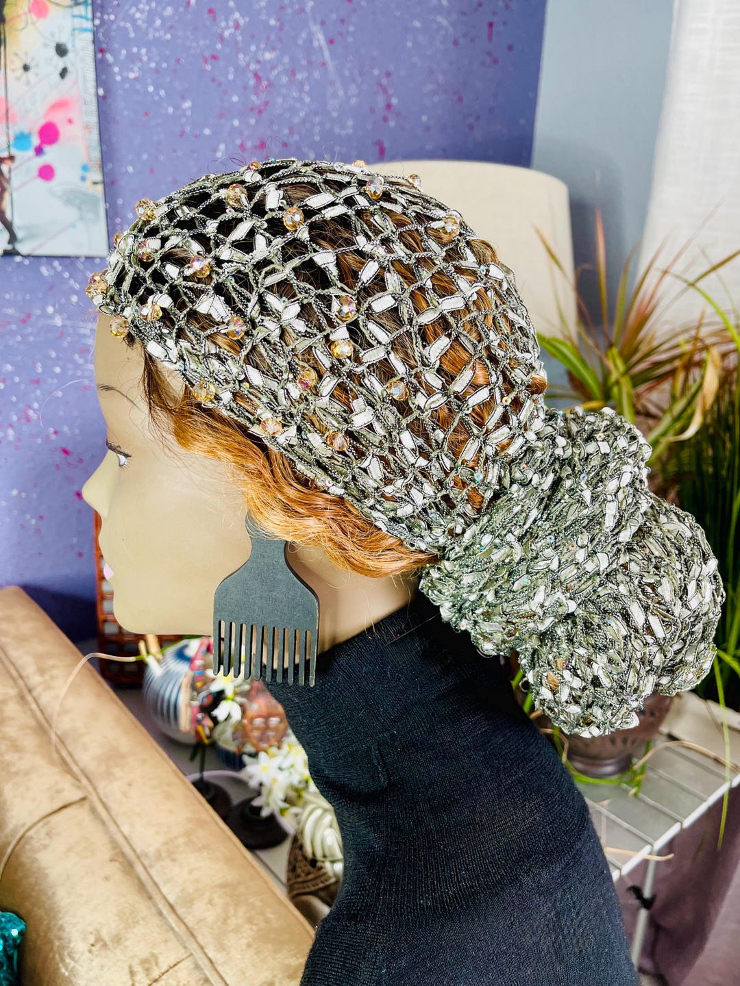 Beaded Sequin Head Wrap - Handmade With Shimmering Lace (cream, Khaki ...