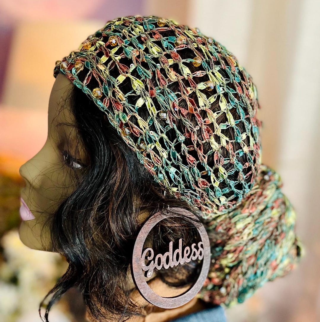 Silky Hand Knit Beaded Head Wrap With Sequins - Forest Green (shades of ...