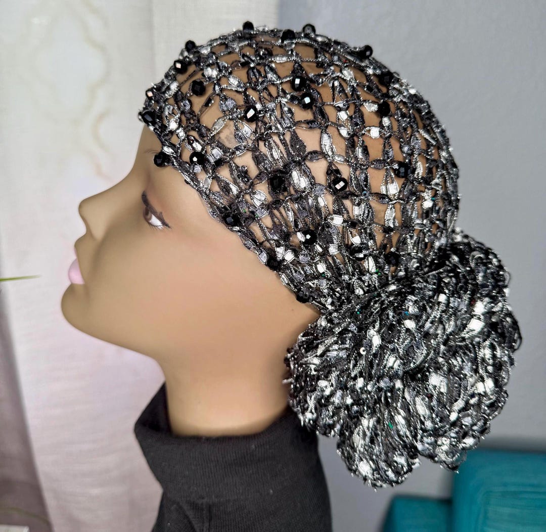 Beaded Sequin Head Wrap - Handmade With Silky Lace & Silver Sparkles ...