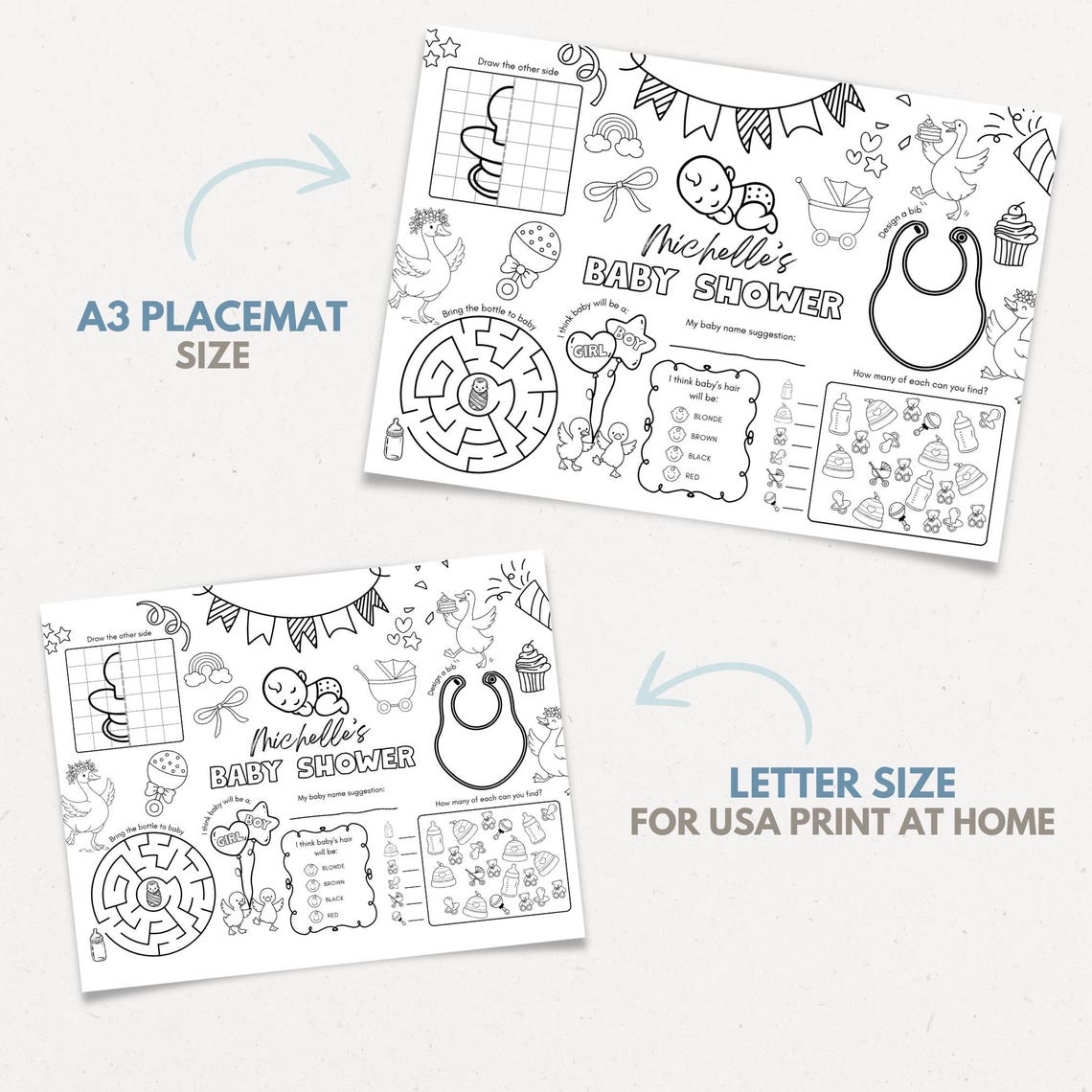 Baby Shower Kids Activity Sheet, Minimalist Baby Shower Games, Modern ...