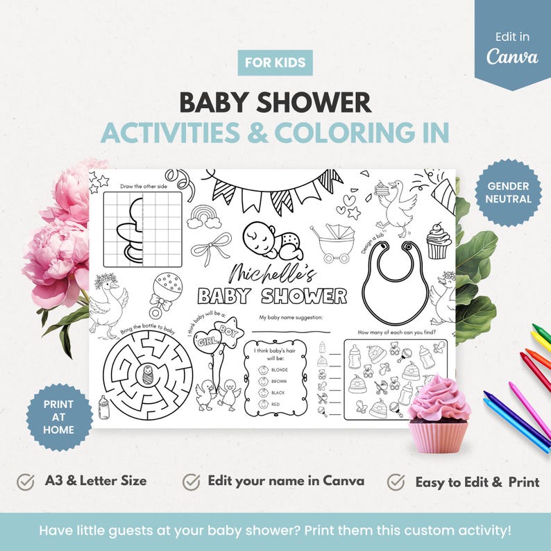 Baby Shower Kids Activity Sheet, Minimalist Baby Shower Games, Modern ...