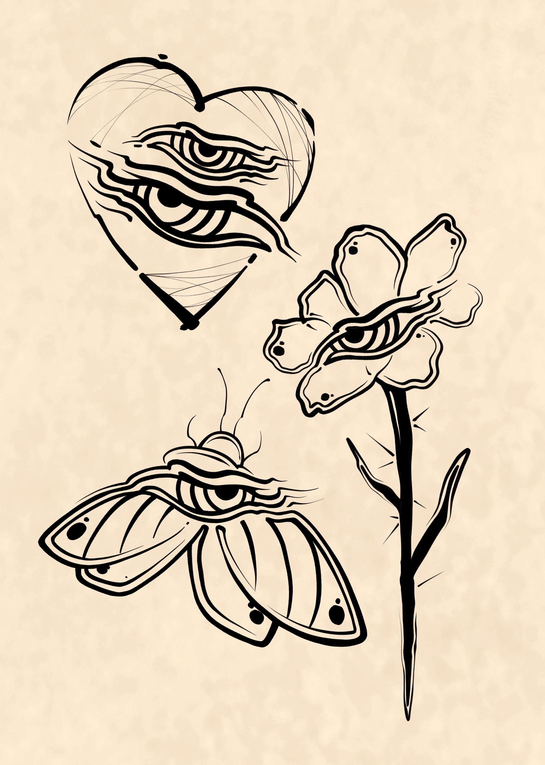 Surreal Eye Tattoo Flash Sheet – Heart, Flower & Moth Linework Design ...