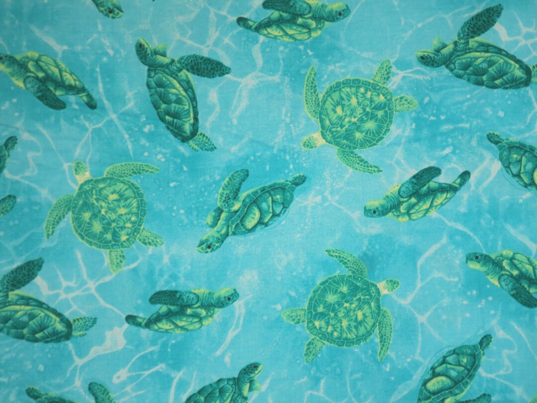 Green on Turquoise Swimming Sea Turtles Ocean Magic Print Pure Cotton ...