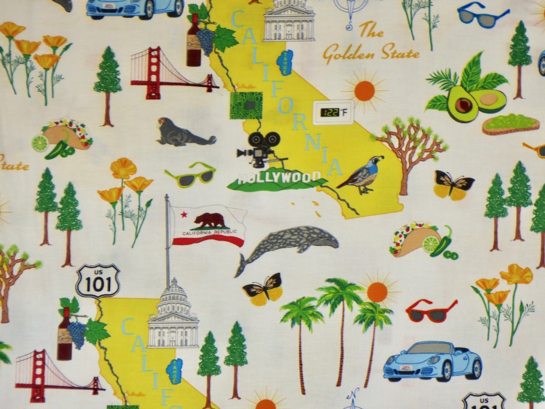 Clever California State Map Print Pure Cotton Fabric From - Etsy