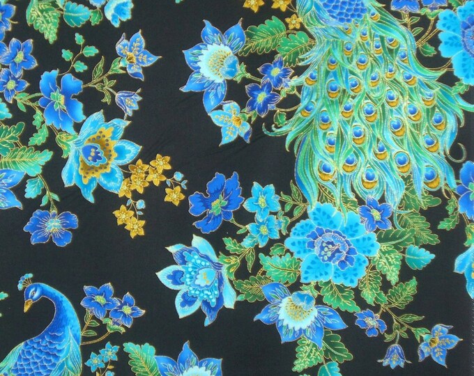 Stunning Peacock With Metallic Gold Print Pure Cotton Fabric--by the ...