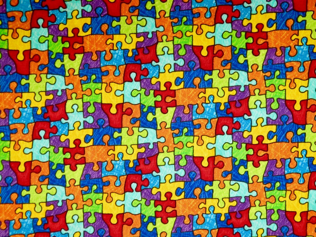 Rainbow Colors Puzzle Piece Autism Jigsaw Print Pure Cotton Fabric From ...