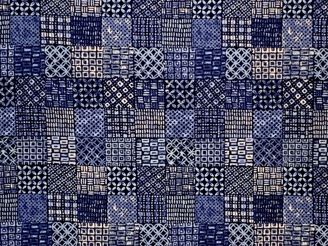 Shades of Indigo Blue Sunrise Tapa Patchwork Print Pure Cotton Fabric ...