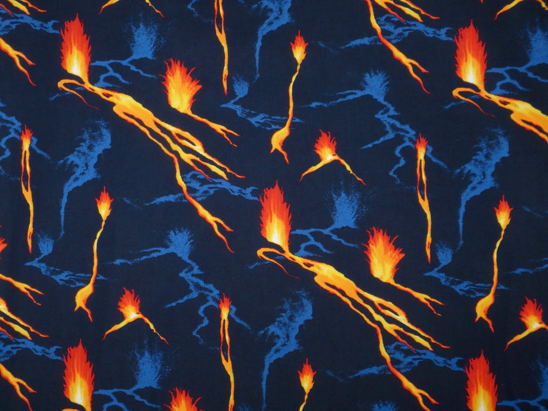 Dramatic Red Hot Volcanic Lava Flow Print on Blue Pure Cotton Fabric ...
