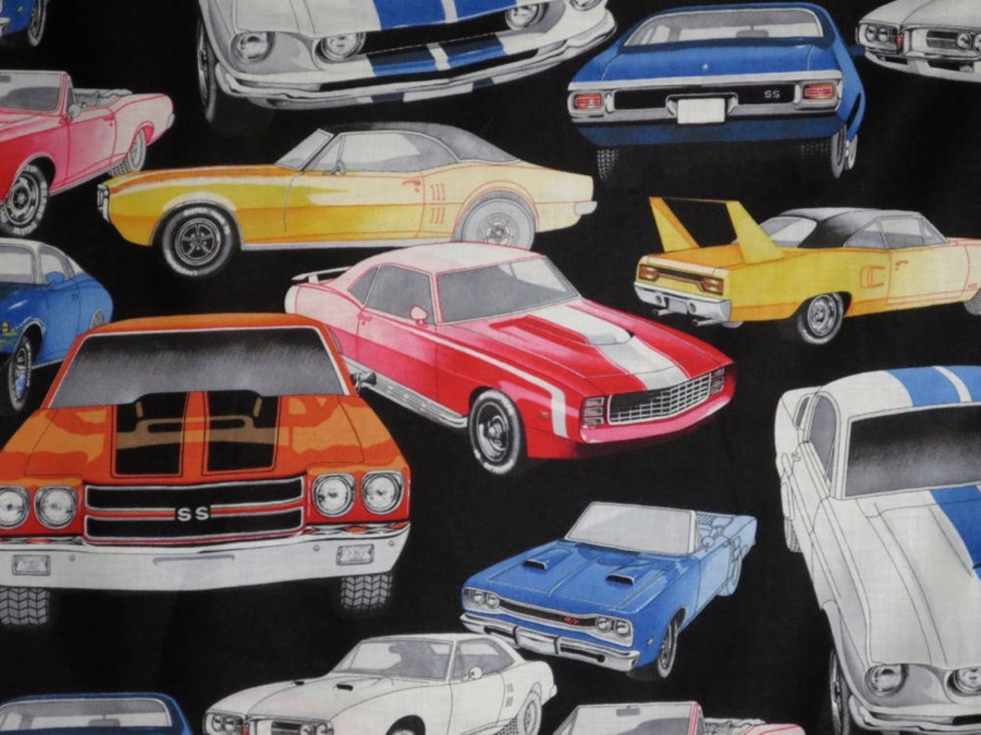 2 Remnantscolorful Muscle Car Print on Black Pure Cotton Fabric From ...