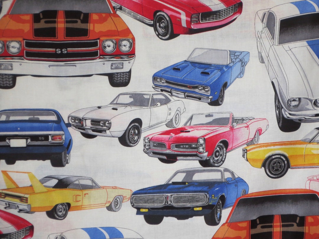 Remnant--colorful Muscle Car Print on White Pure Cotton Fabric--7/8 ...