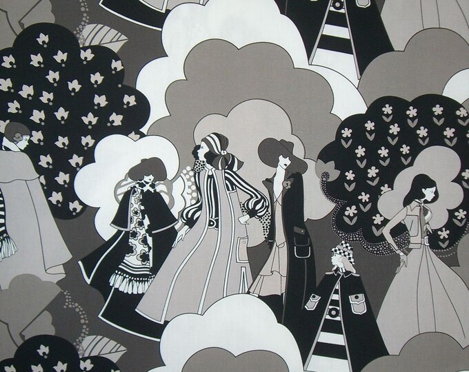 Mod Ladies Print in Black White and Taupe Fabricone Yard - Etsy