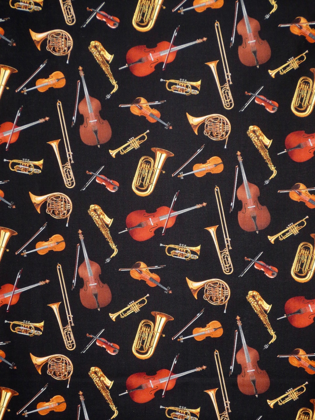 Tossed Classical Musical Instruments Print on Black Pure Cotton Fabric ...
