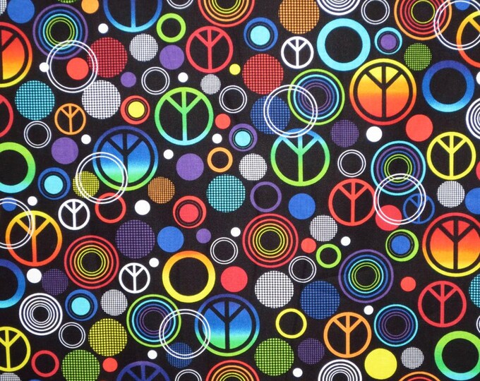 Rainbow Colors on Black Peace Sign Print Pure Cotton Fabricone Yard - Etsy