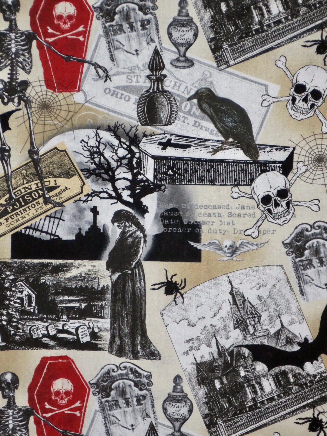 Red and Black on Beige Spooky Collage Halloween Print Pure Cotton Fabric from Timeless ...
