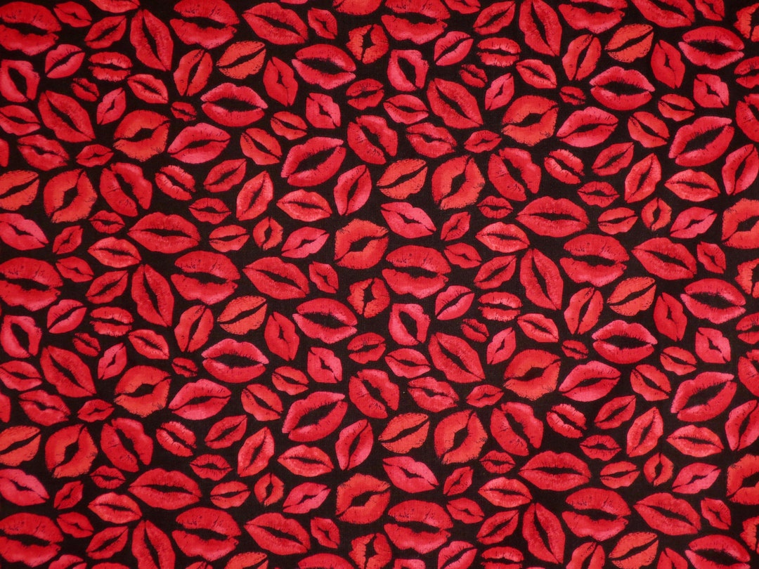 Dramatic Red Lips and Kisses on Black Allover Print Pure Cotton Fabric ...