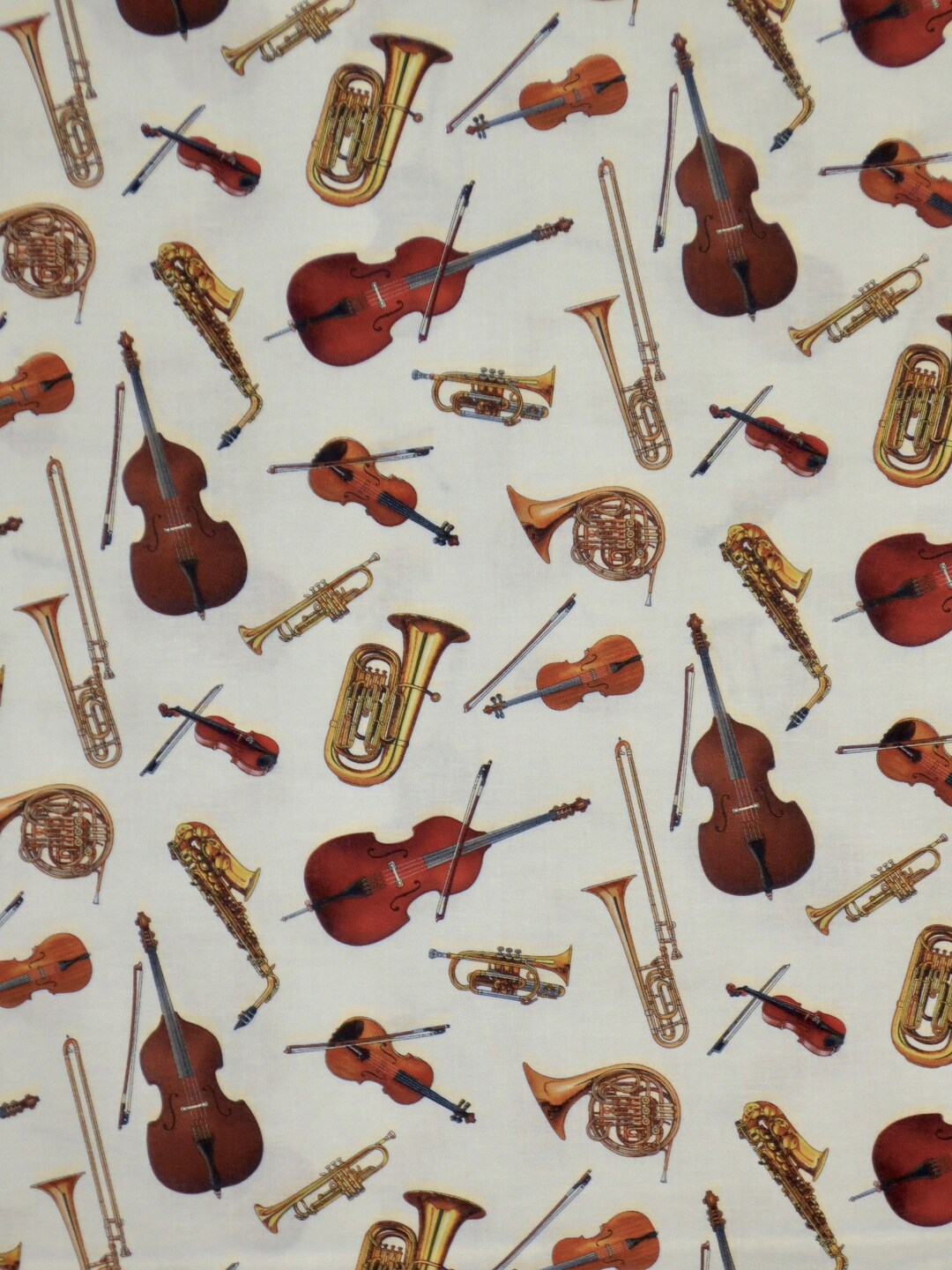 Tossed Classical Musical Instruments Print on White Pure Cotton Fabric ...
