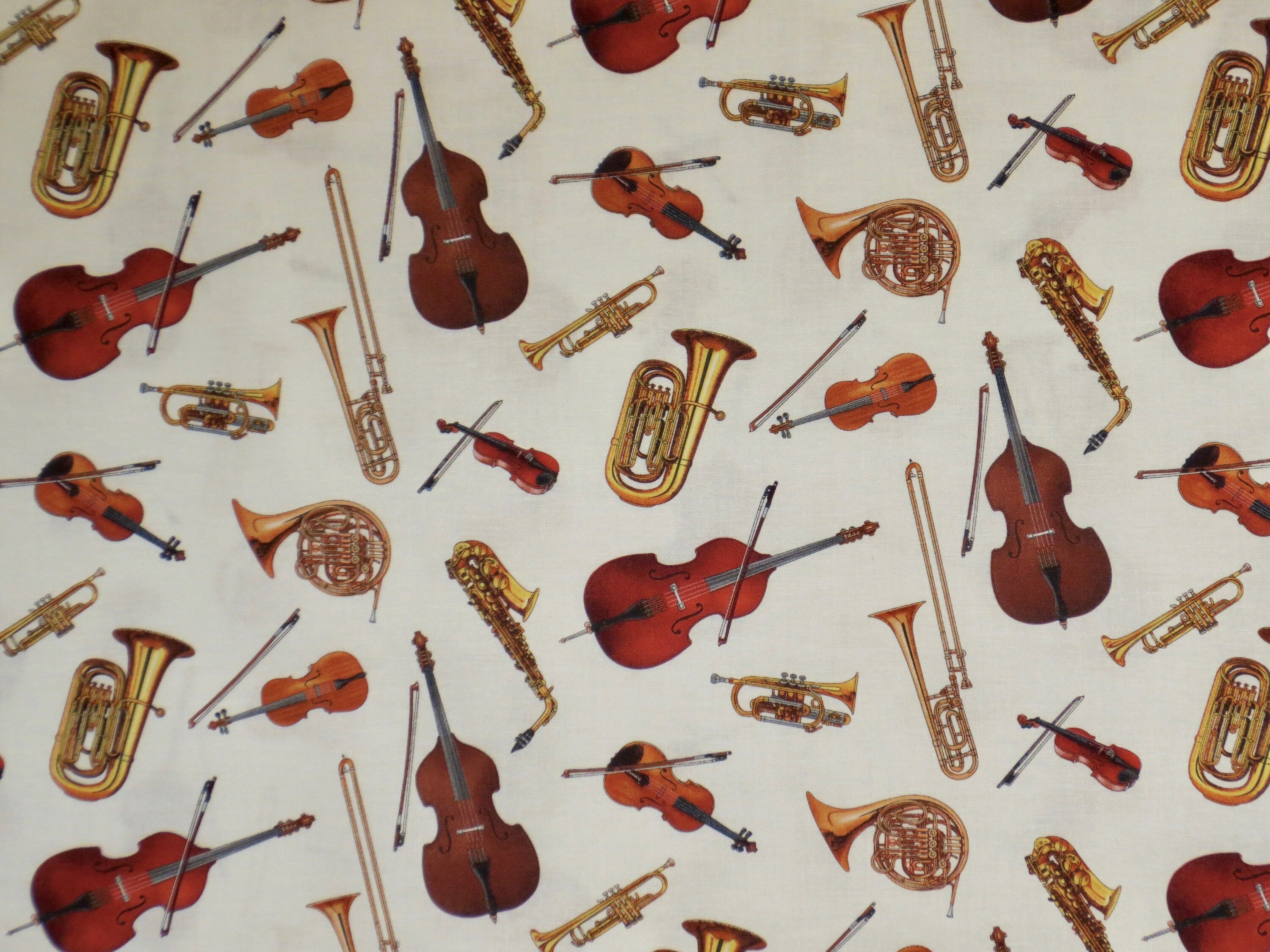 Tossed Classical Musical Instruments Print on White Pure Cotton Fabric ...