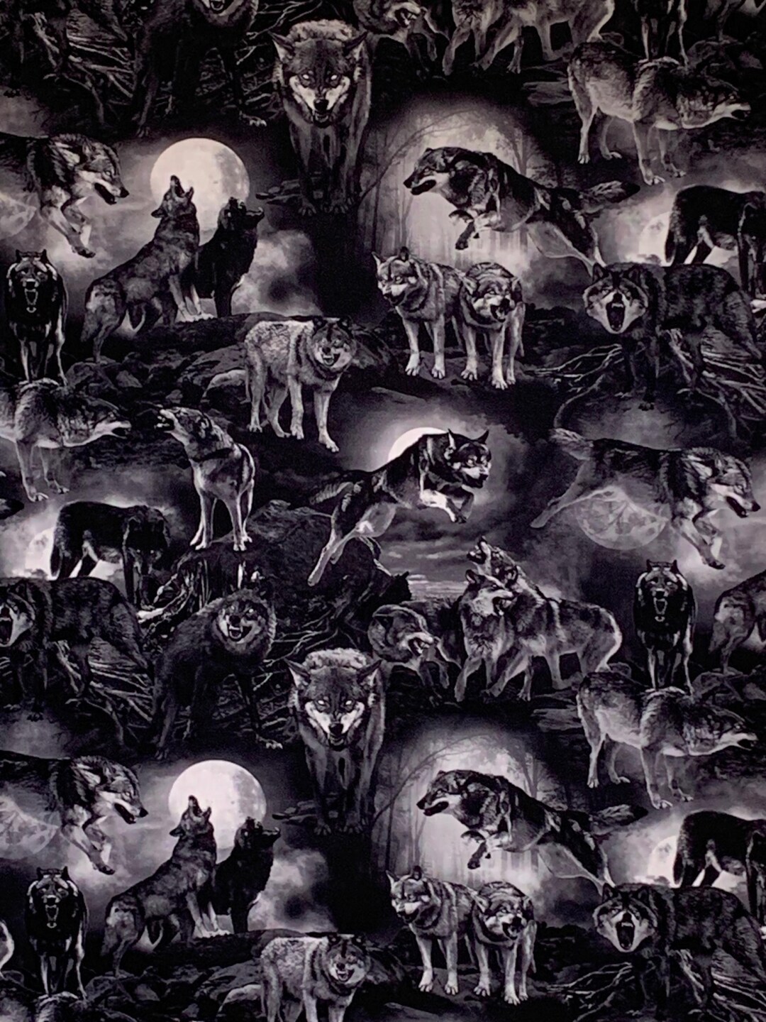 Scary Wicked Wolves in Shades of Gray Print Pure Cotton Fabric From ...