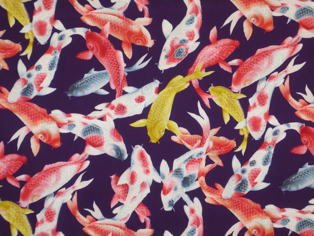 Brilliant Coral and Gold on Purple Koi Fish Print Pure Cotton Fabric ...