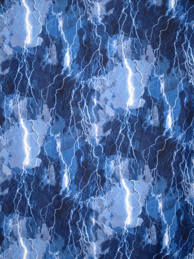 Blue Cracking Lightning Bolts Stormy Sky Print Pure Cotton Fabric From ...