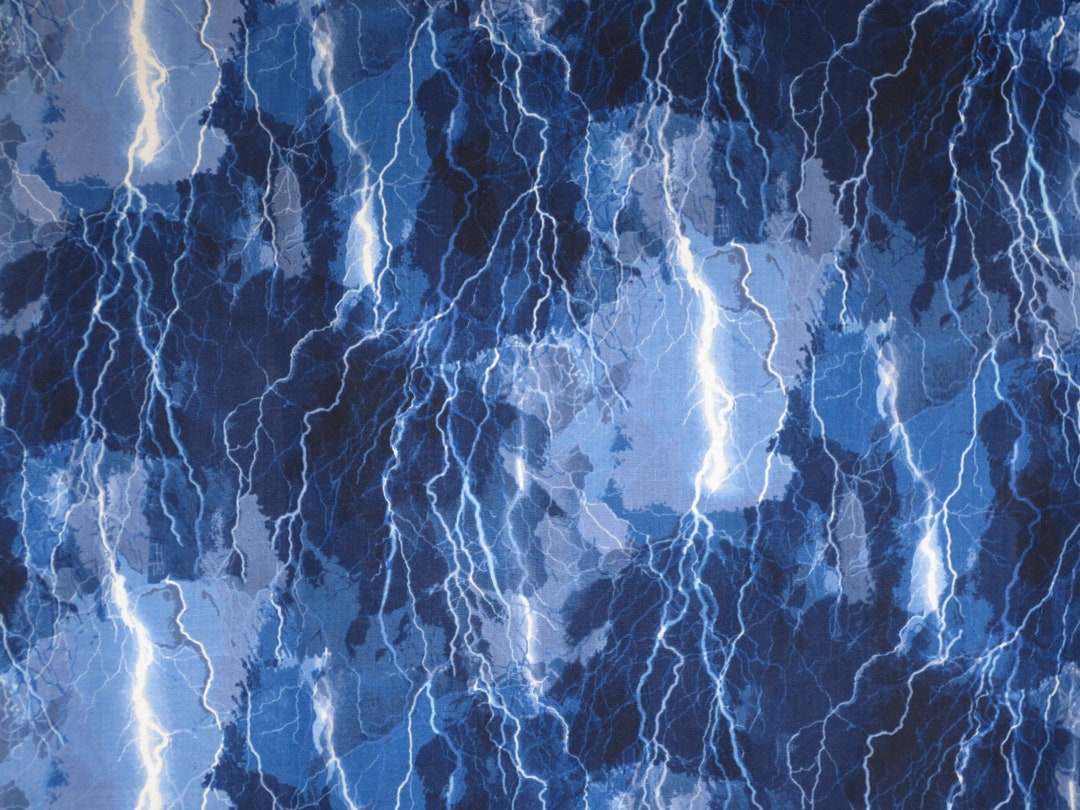 Blue Cracking Lightning Bolts Stormy Sky Print Pure Cotton Fabric From ...