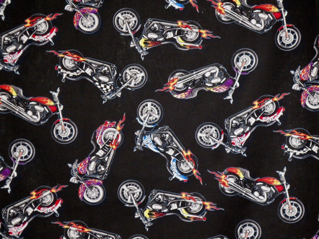Colorful Tossed Biker Motorcycles With Flames Print on Black Pure ...