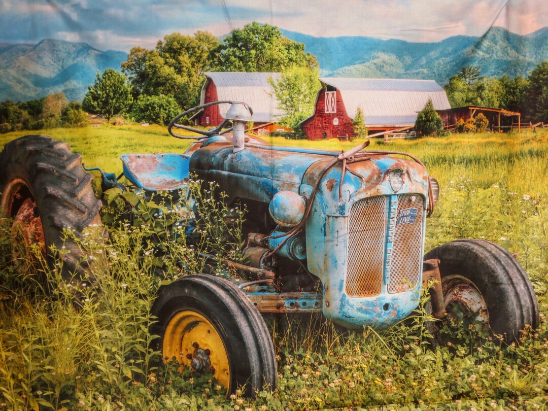 Nostalgic Blue Tractor in Field With Red Barn Digital Print Pure Cotton ...