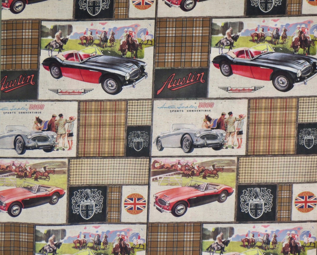 Tweedy Austin Healey Logo Retro Cars Patchwork Print Pure Cotton Fabric ...