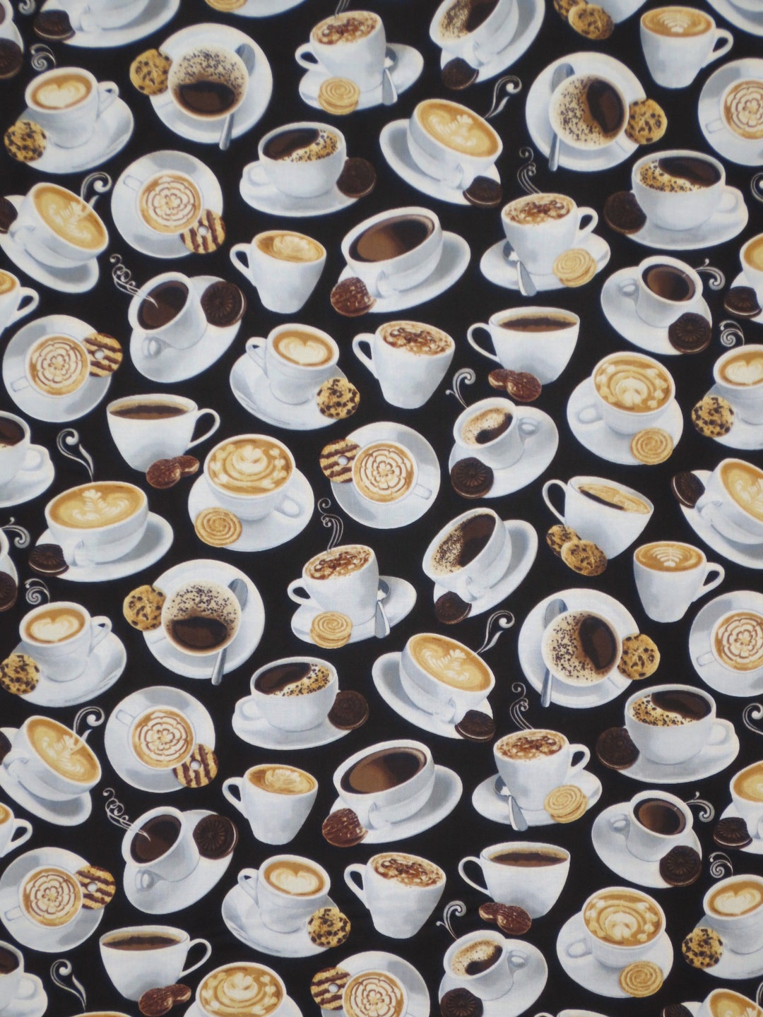 Lots of Coffee Cups With Coffee and Cookies Print on Black Pure Cotton ...