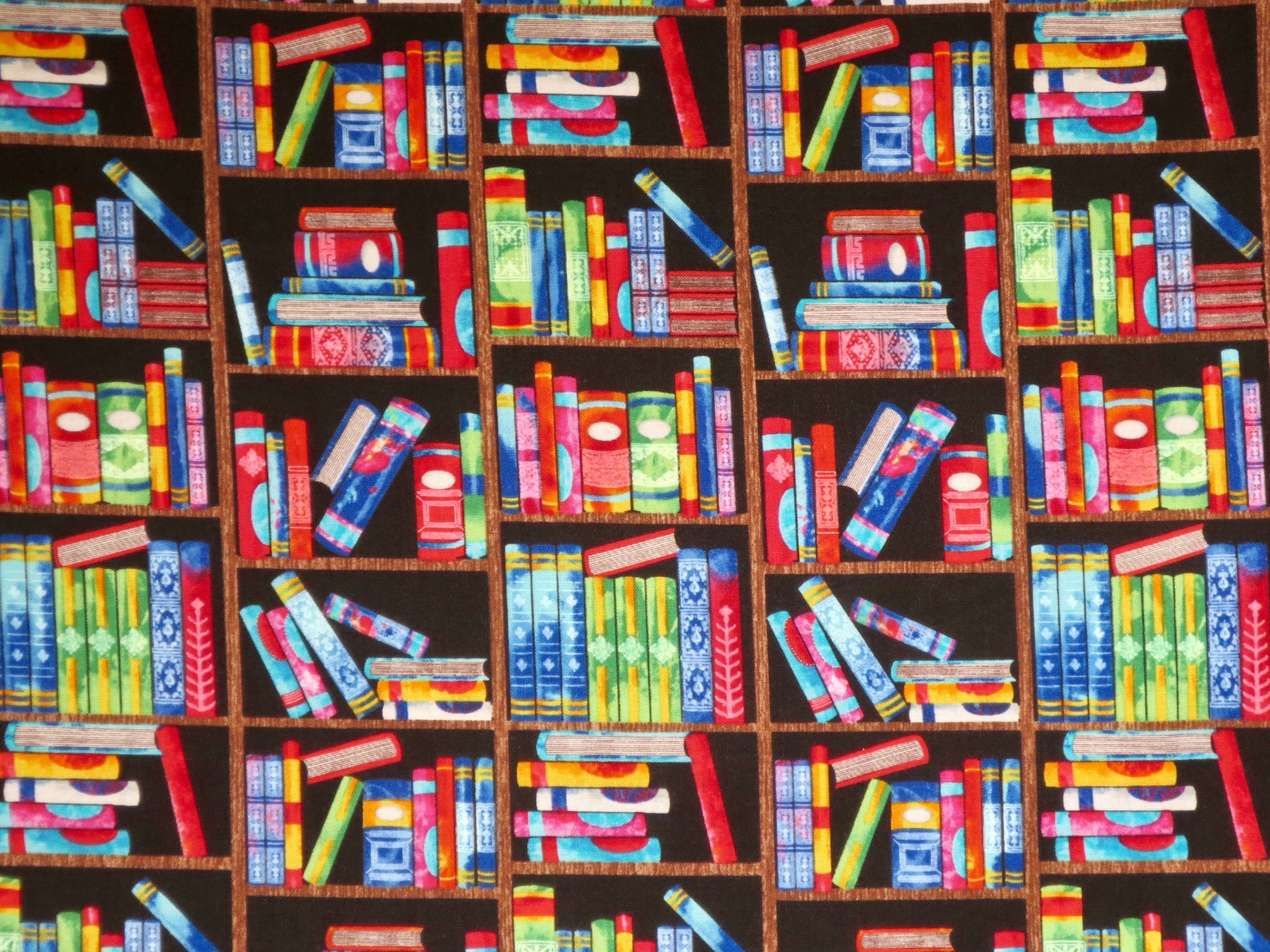 Cheerful Bright Library Books on Bookshelves Print Pure Cotton Fabric ...