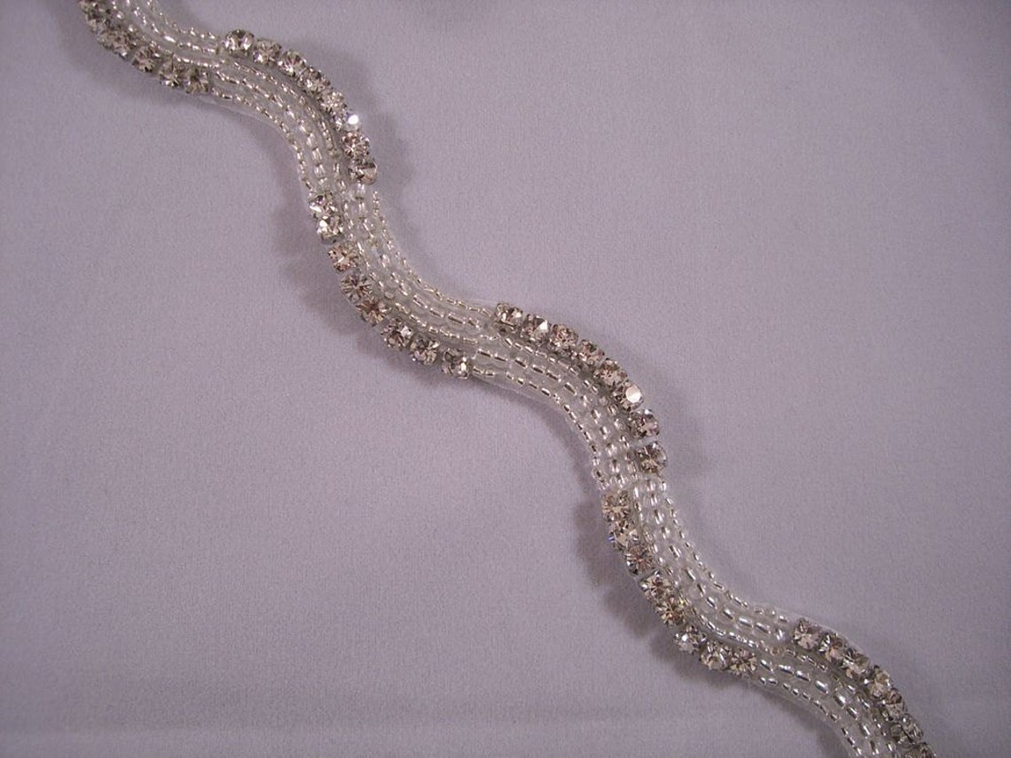 Elegant Rhinestone and Silver Beaded Wavy Trimone Yard - Etsy